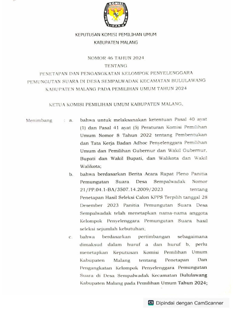 SK An Ketua KPU Tentang Penetapan Dan Pengangkatan KPPS 24 Januari 2024 | PDF