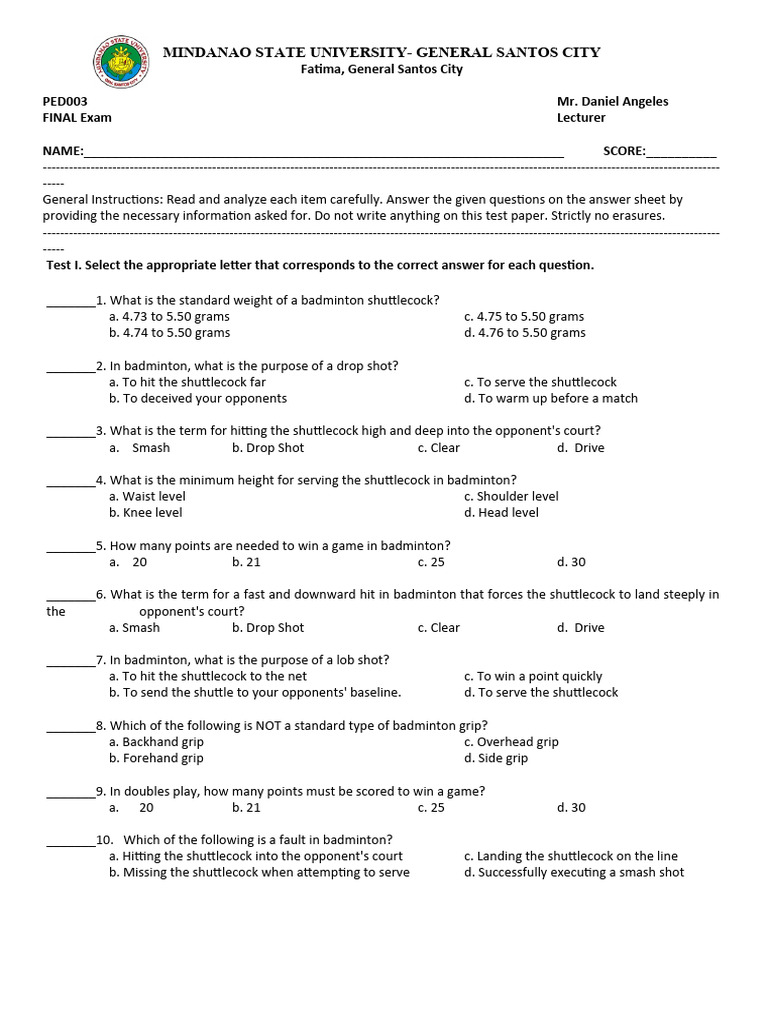 EXAM BADMINTON | PDF | Games Of Physical Skill | Athletic Sports