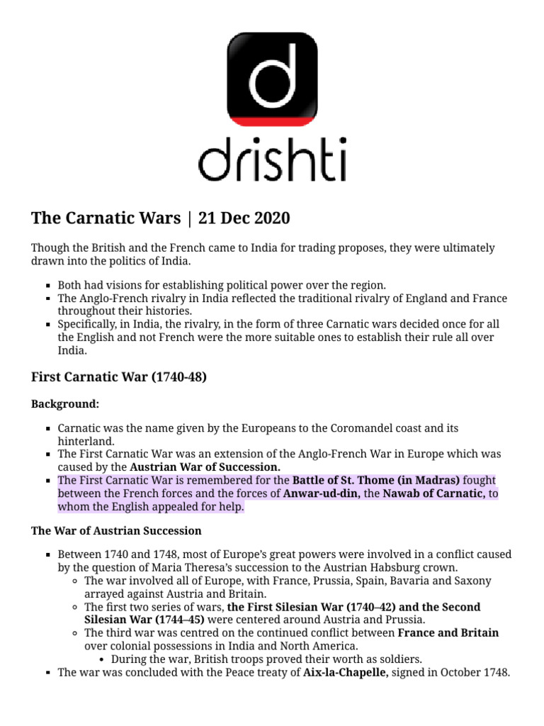 Overview of the Carnatic Wars | PDF | Conflicts | 2nd Millennium Conflicts