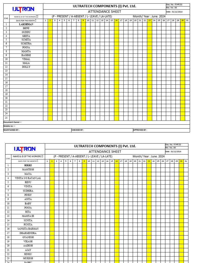 DWM Attendence Sheet For Assly | PDF