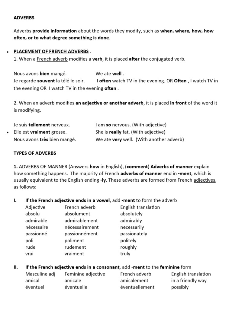 All French Adverbs Notes | PDF | Adverb | Adjective