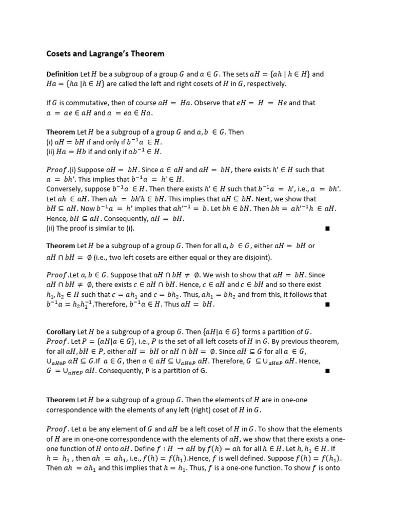 Cosets and Lagrange's Theorem | PDF | Group (Mathematics) | Mathematics