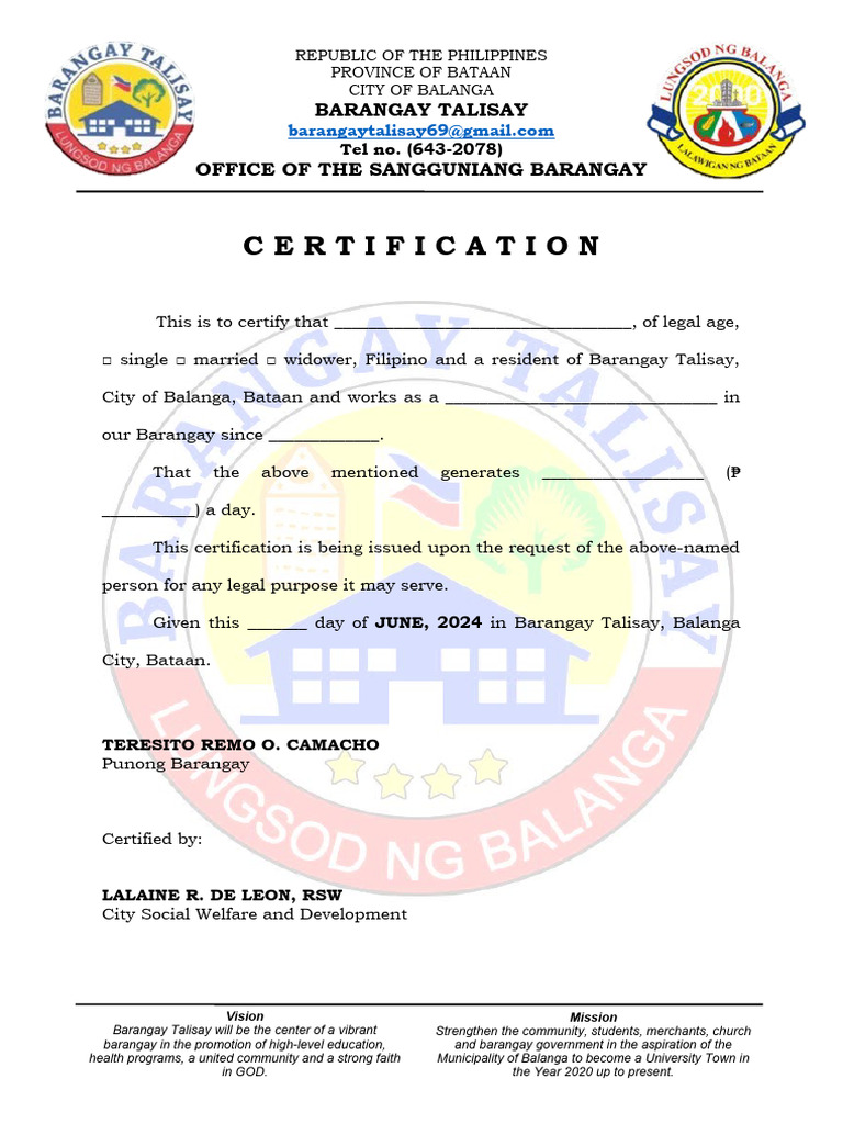 Barangay Talisay Certification 2024 | PDF | Philippines