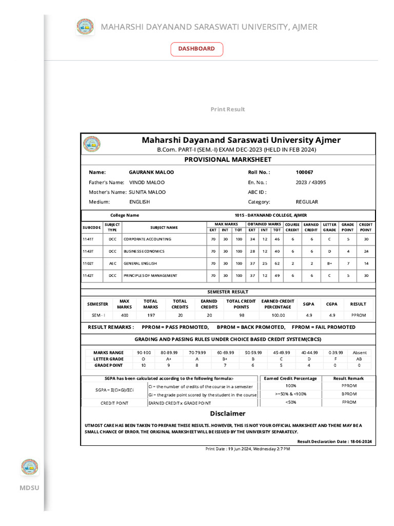 Maharshi Dayanand Saraswati University, Ajmer Semister 1 Result | PDF | Educational Assessment ...