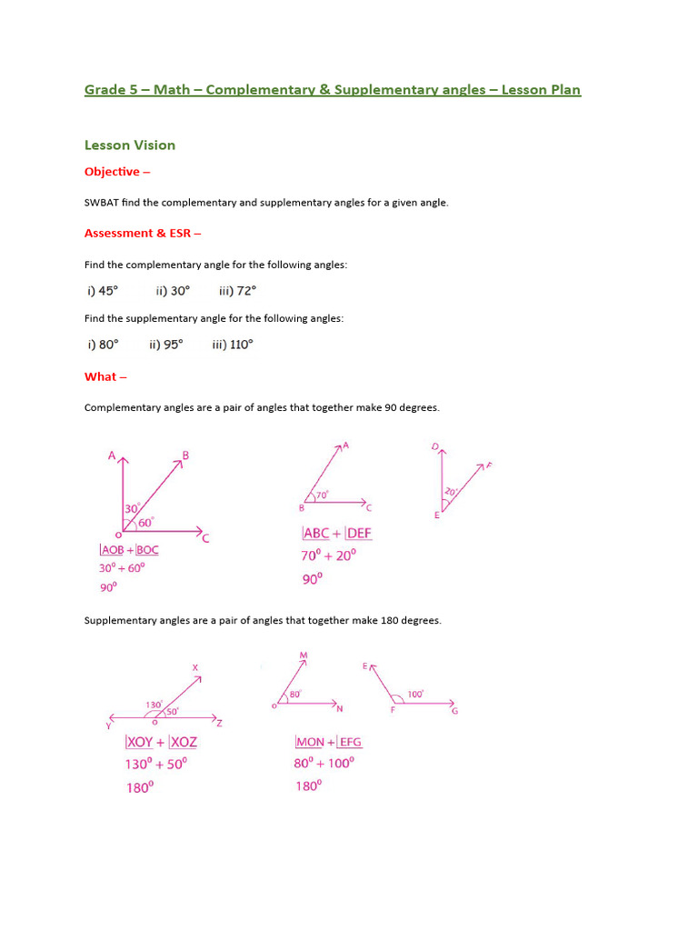 Math Lesson Plan - Complementary and Supplementary Angles | PDF ...
