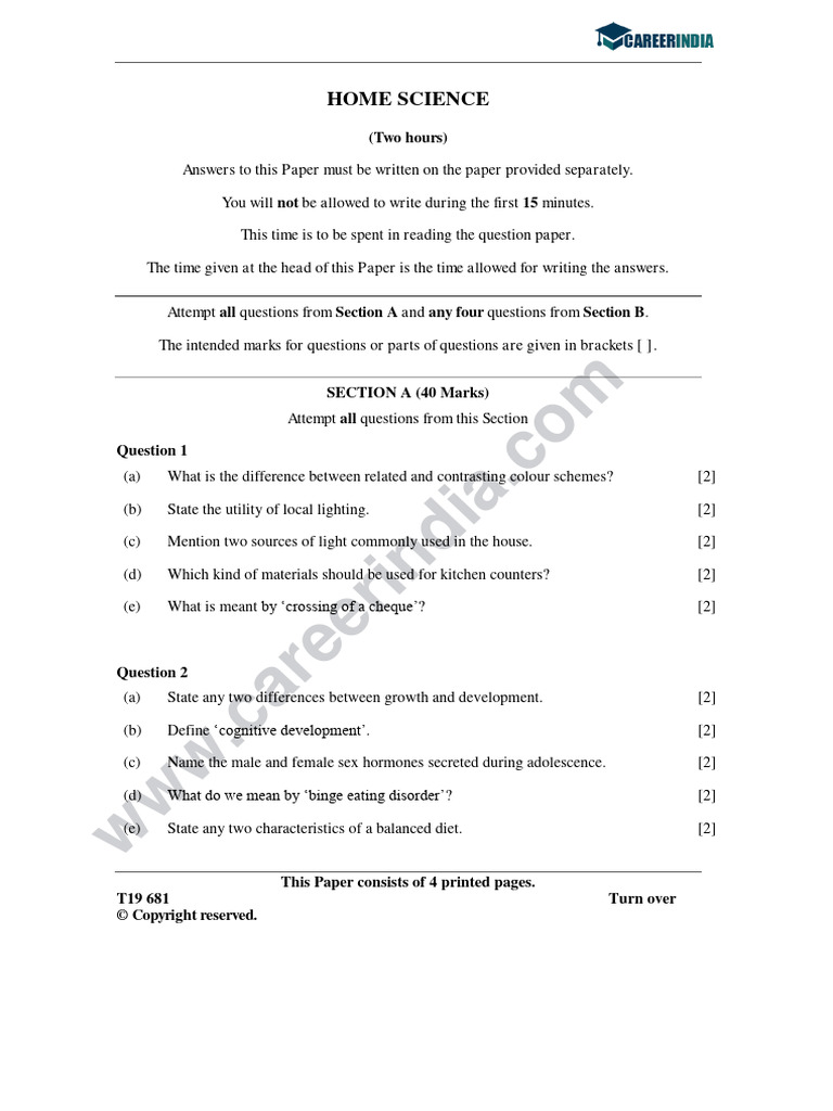 ICSE Home Science Question Paper - 2019 | PDF