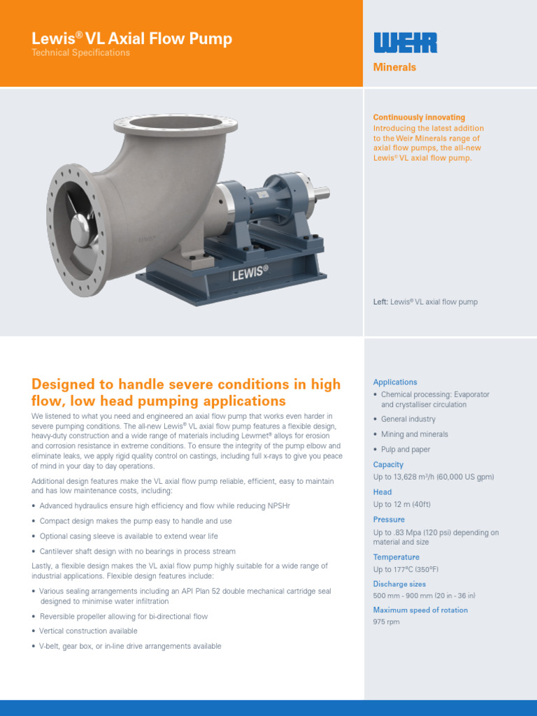 Lewis VL Axial Flow Spec Sheet Final | PDF | Pump | Mechanical Engineering