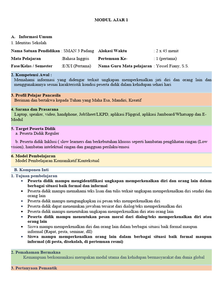 Modul Ajar Fase e Introduction Self and Others | PDF