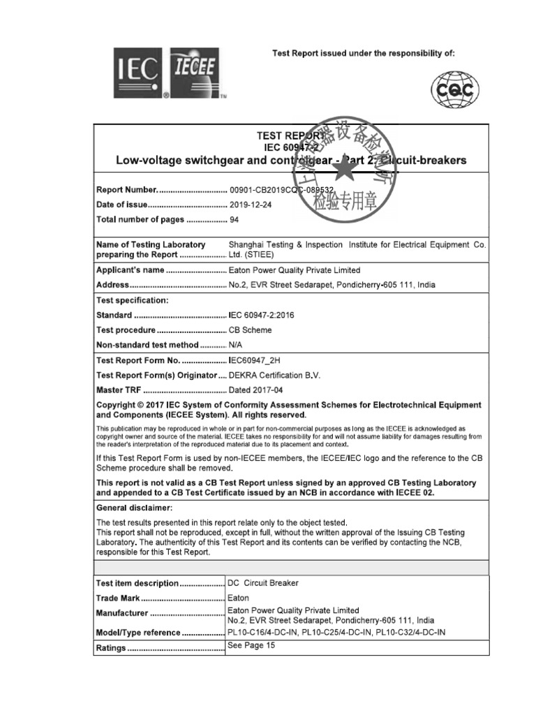 Test Report of DC MCB Eaton | PDF