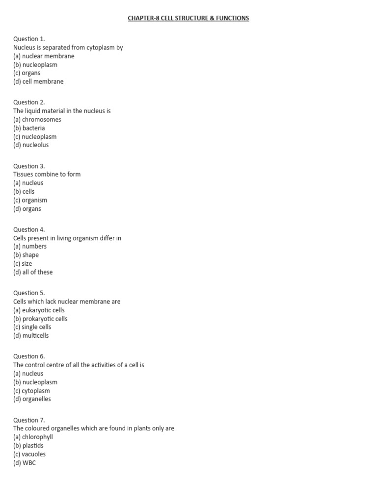 CLASS 8 CHAPTER-8 CELL STRUCTURE & FUNCTIONS | Download Free PDF | Cell (Biology) | Cell Nucleus