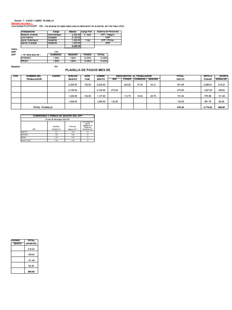 Libro Planilla Ejercicio de Clase 1 | PDF | Pensión | Beneficios para empleados