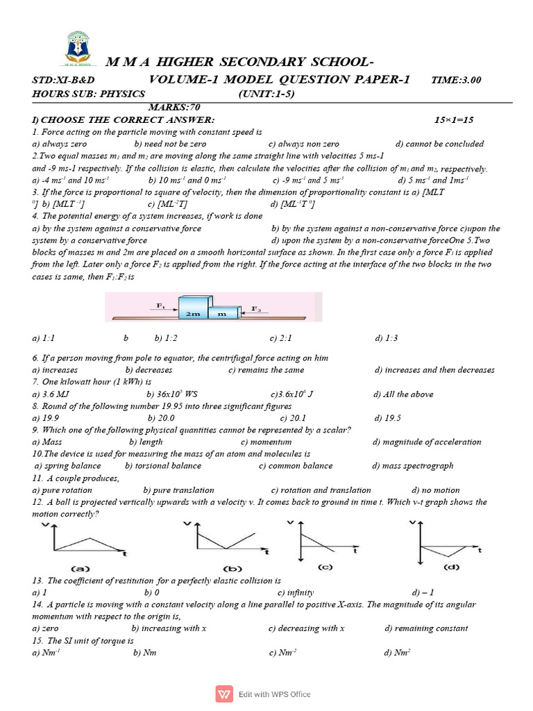 Namma Kalvi 11th Physics Volume 1 Model Question Paper EM 221346 | PDF | Force | Velocity