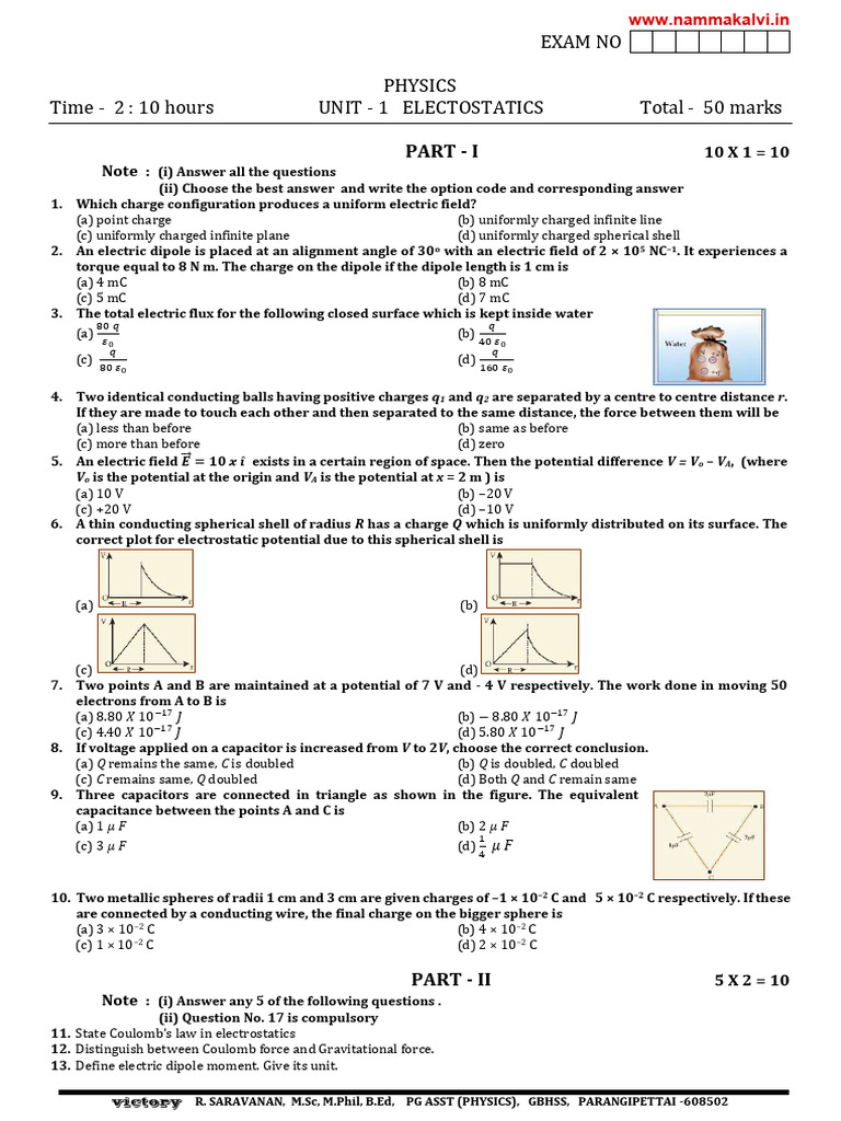 Namma Kalvi 12th Physics Unit Test Question Papers em 220115 | PDF ...
