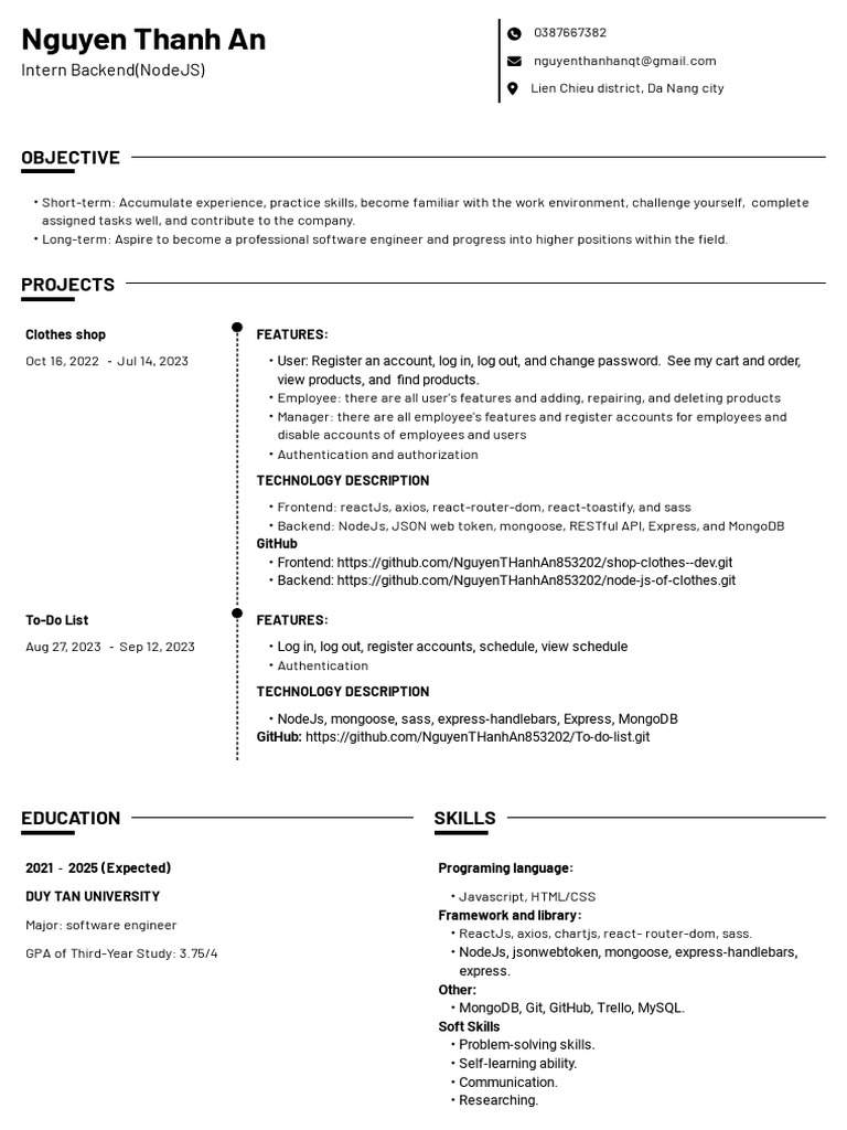 CV Intern Backend NodeJS NguyenThanhAn | PDF | Computing | Software ...