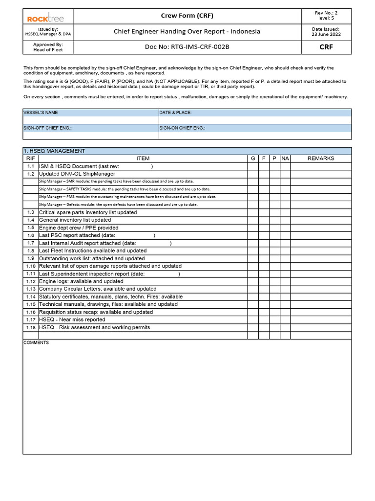 Chief Engineer Handover Report | PDF | Crane (Machine) | Lubricant