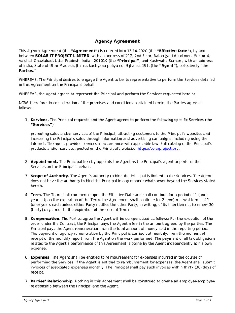 Agency Agreement Page 1 of 3 | PDF | Legal Liability | Indemnity