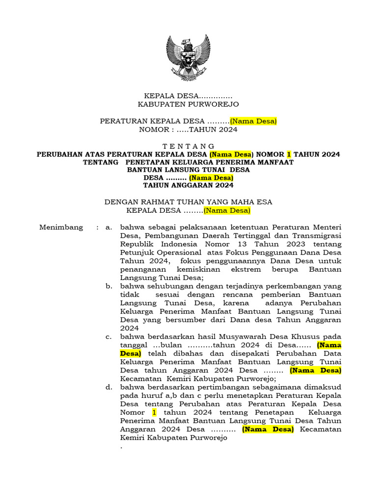 Hanya Contoh PERKADES PERUBAHAN KPM BLT DESA 2024 | PDF