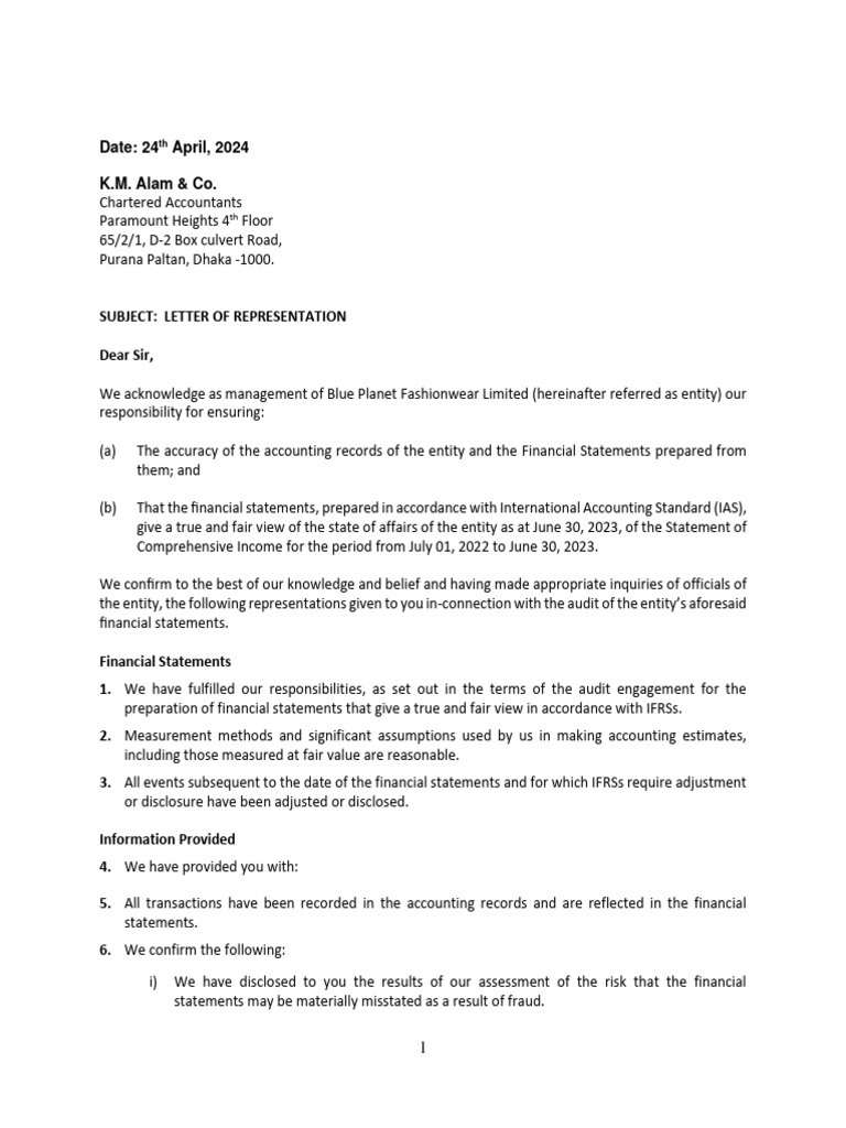 BPFL-Management Representation Letter (2022-2023) | PDF | International ...