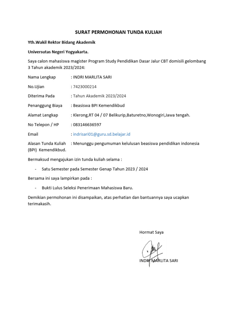 Surat Ijin Tunda Kuliah | PDF