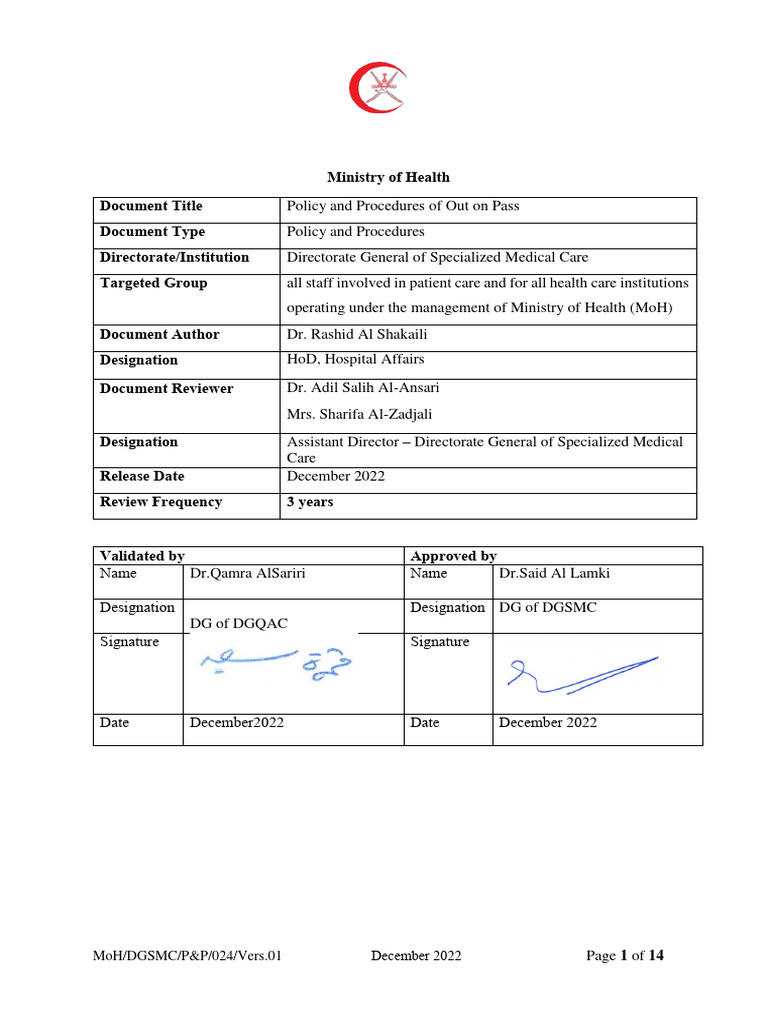 Policy and Procedures of Out on Pass | PDF | Patient | Hospital