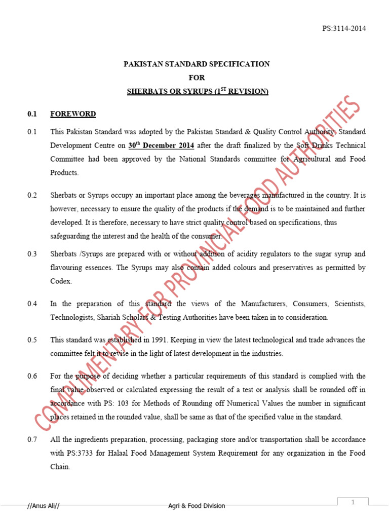 PS 3114-2014 For Sharbets or Syrups 1st Rev. | PDF | Sugar | Diet & Nutrition