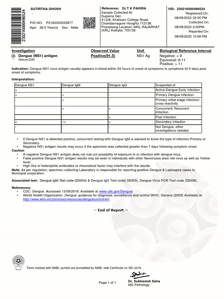 Dengue NS1 Negative Report Analysis | PDF | Infection | Virology