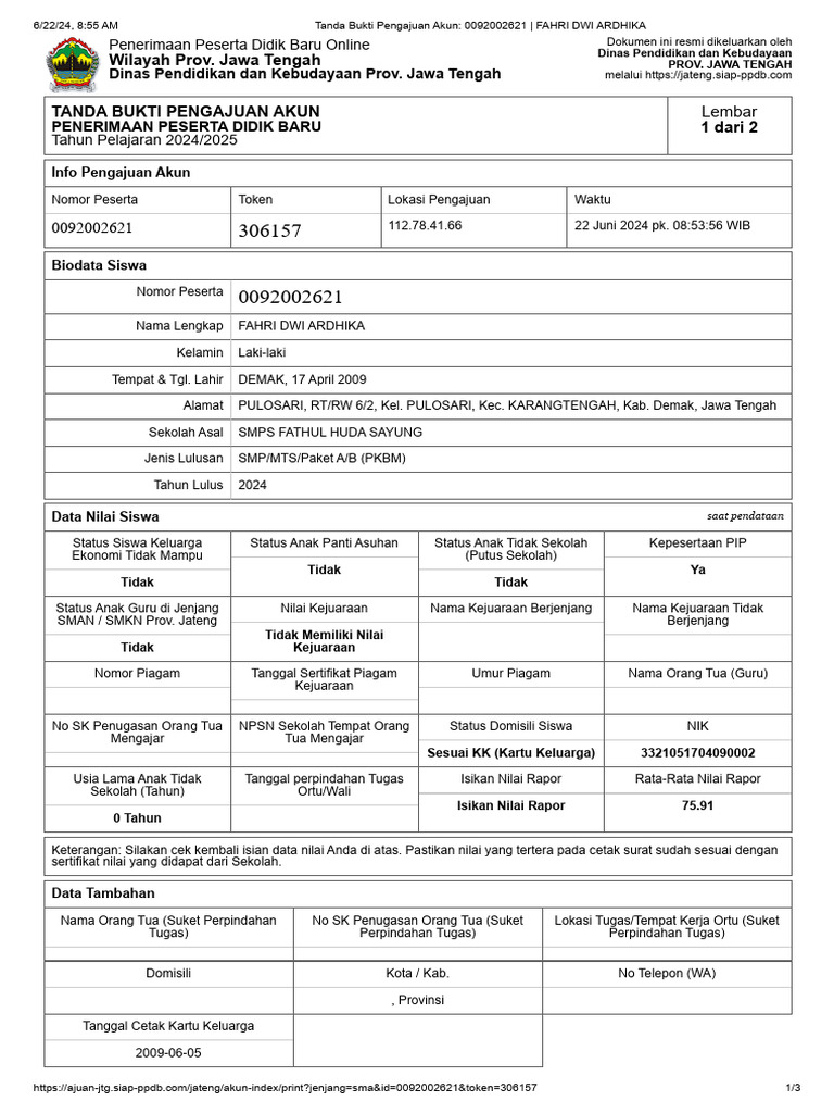 Tanda Bukti Pengajuan Akun - 0092002621 - FAHRI DWI ARDHIKA | PDF