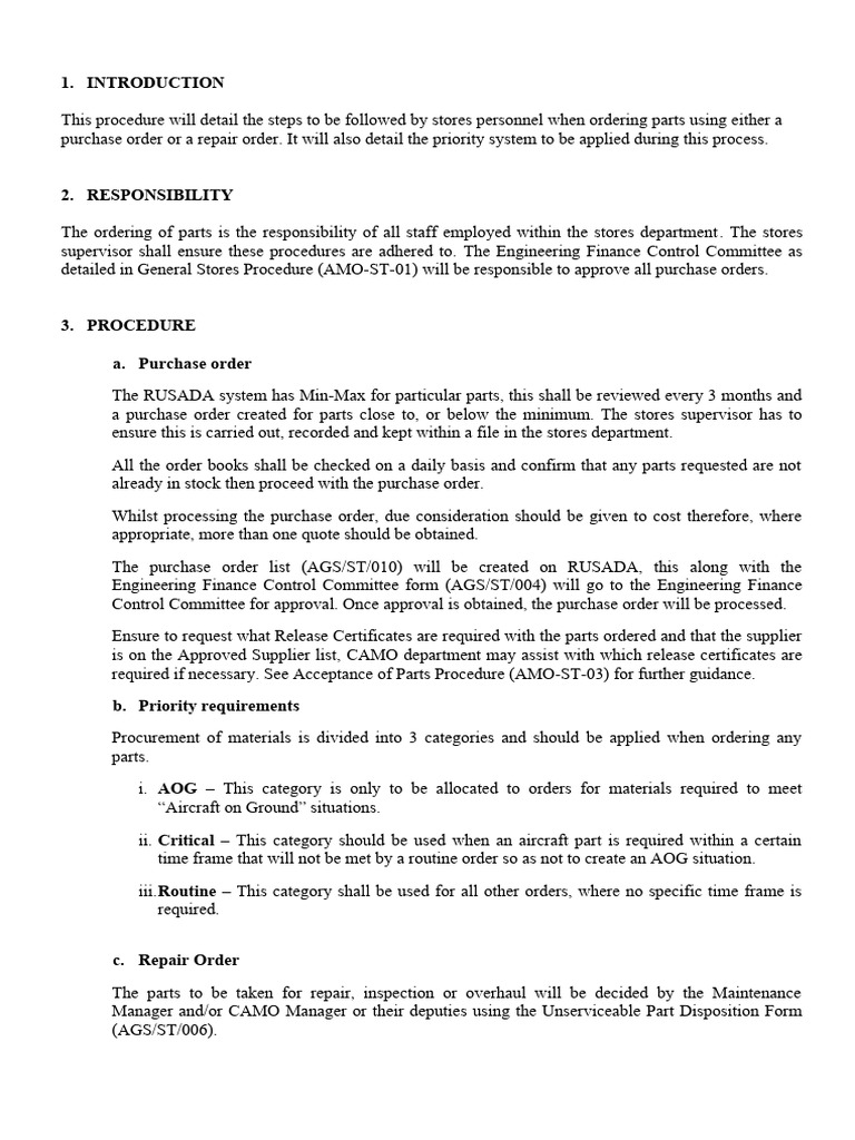 AMO-ST-02 Stores Ordering Procedure Rev 1 | PDF | Procurement | Business