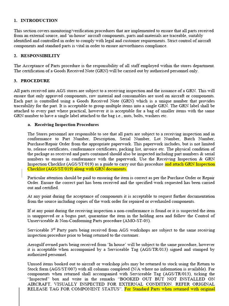 AMO-ST-03 Stores Acceptance of Parts Procedure Rev 5 | PDF ... AMO-ST-03 Stores Acceptance of Parts Procedure Rev 5 | PDF ...