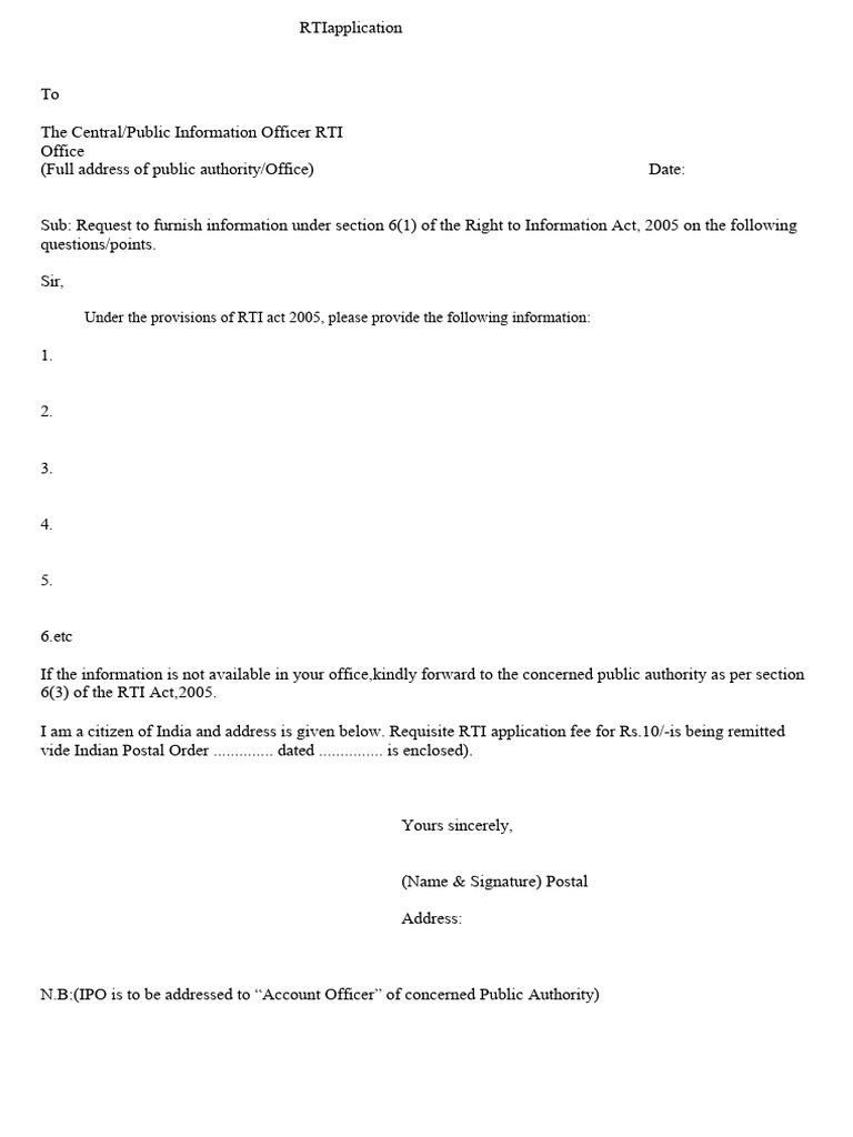 Sample Application Format For RTI | PDF
