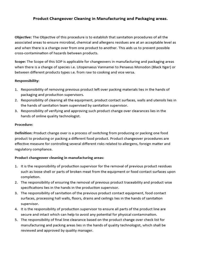 Product Change Over Cleaning Procedure SOP | PDF | Packaging And Labeling