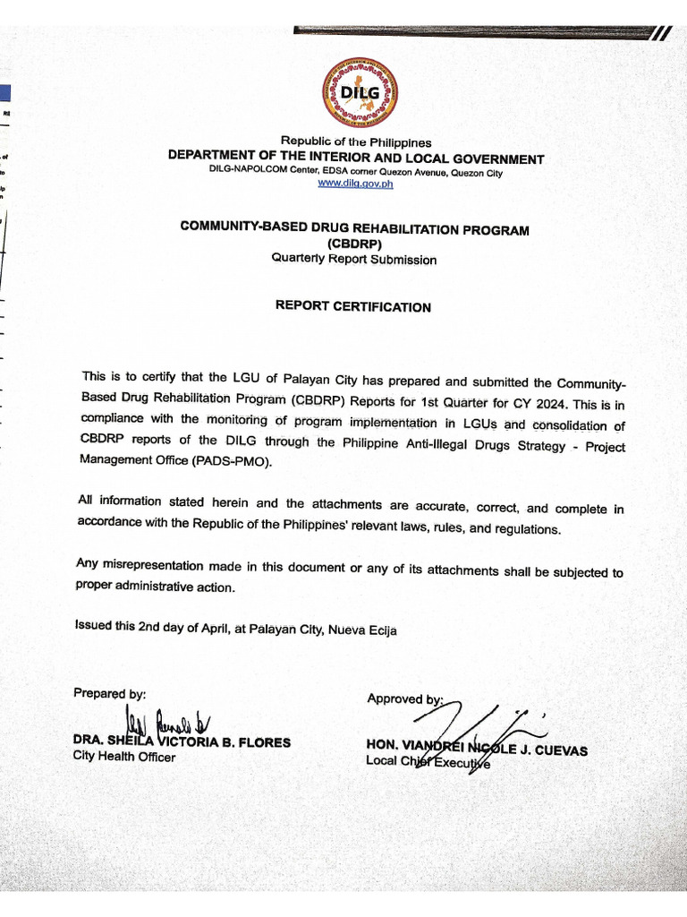 CBDRP 1ST QTR 2024 Form 1 - Certification | PDF