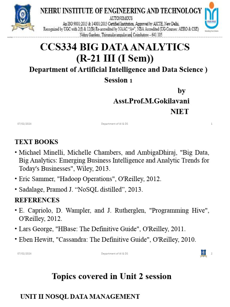 CCS334 BIG DATA ANALYTICS Session 1 Intr | PDF | No Sql | Database Transaction