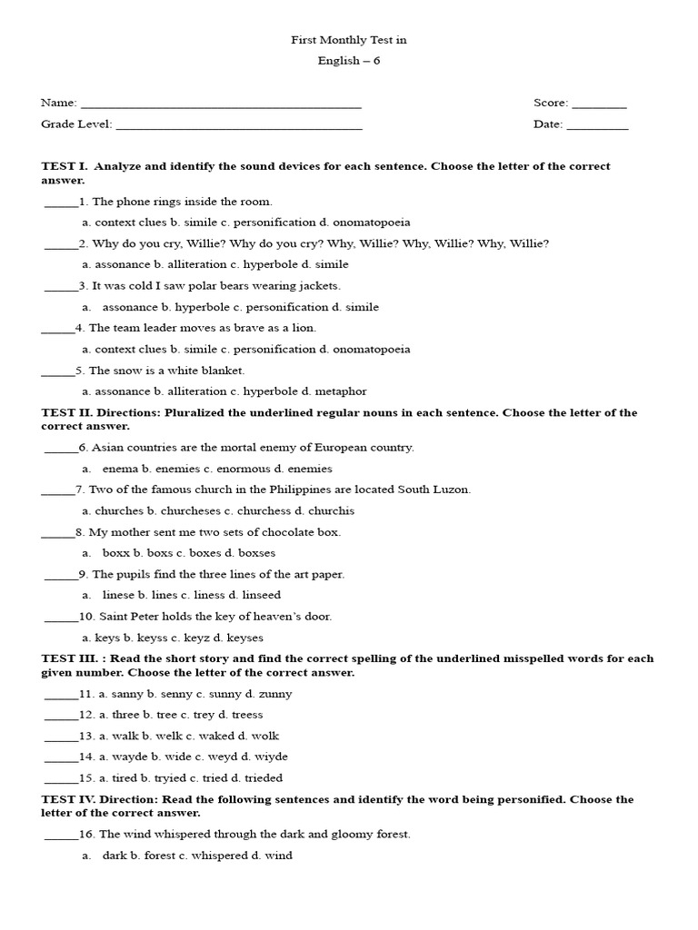 First Monthly Test in | PDF | Linguistics