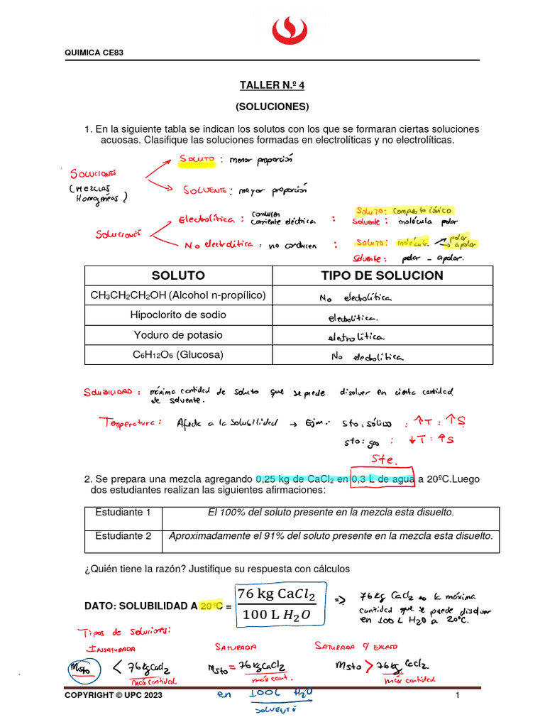 CE83 TALLER 4 QUÍMICA (RESUELTO).pdf | Descargar gratis PDF | Solubilidad | Ácido clorhídrico