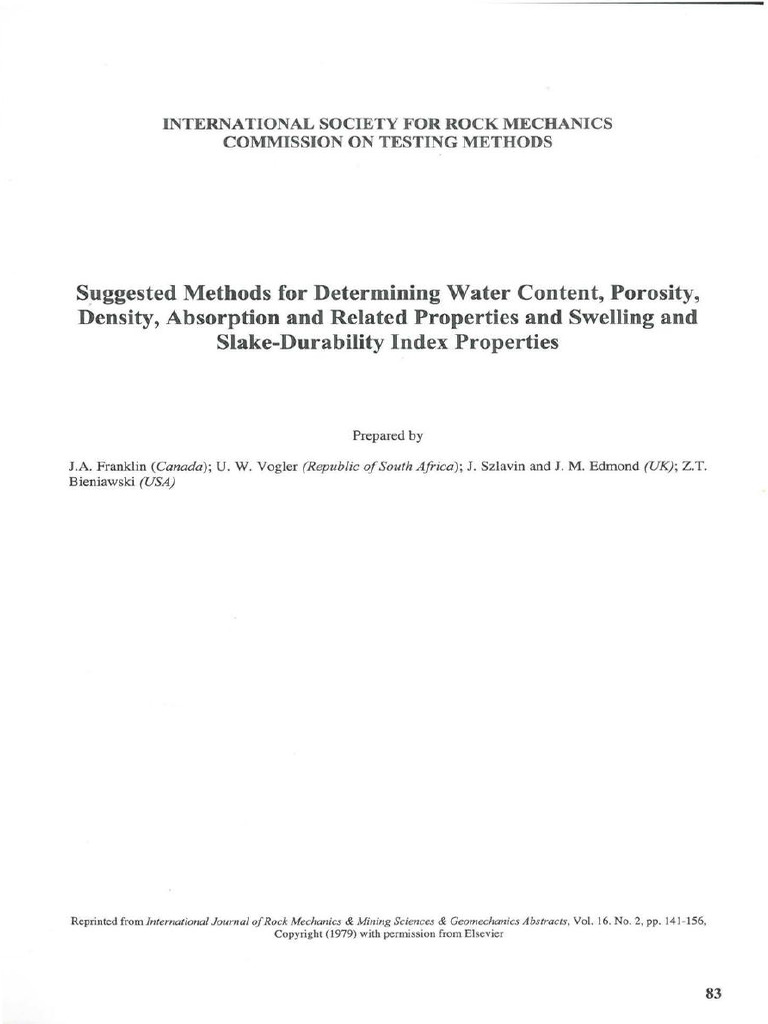 Suggested Methods For Determining Water Content, Porosity, Denity, Absorption - IsRM | PDF ...