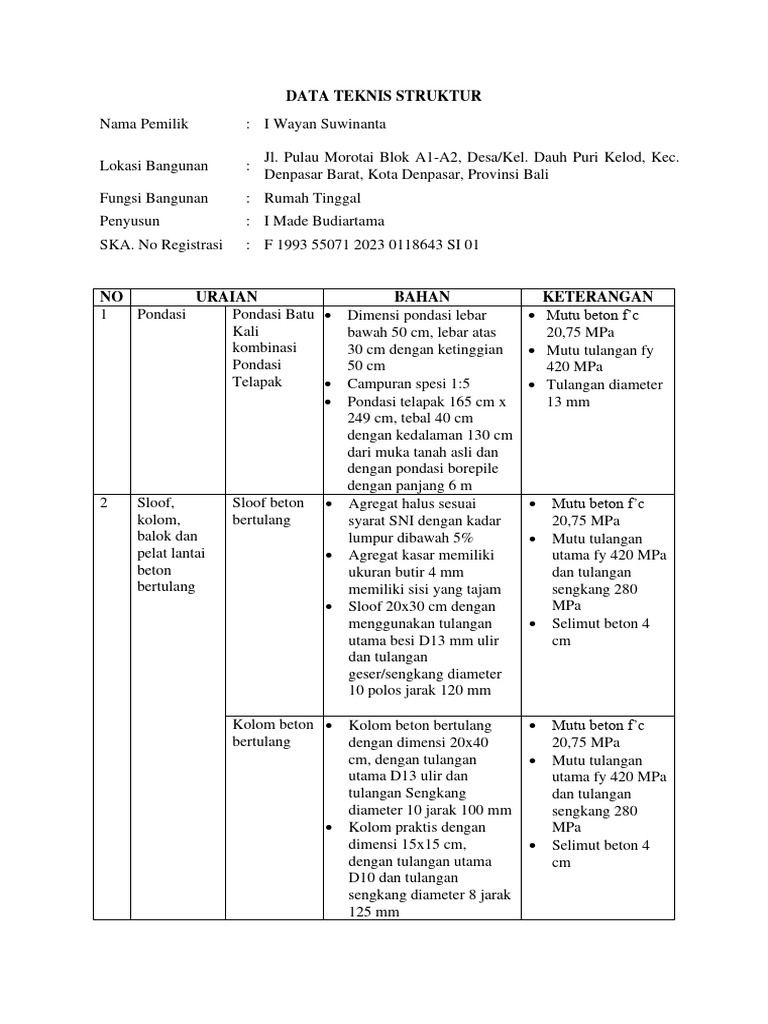 Spesifikasi Teknis Struktur Blok A1-A2 | PDF