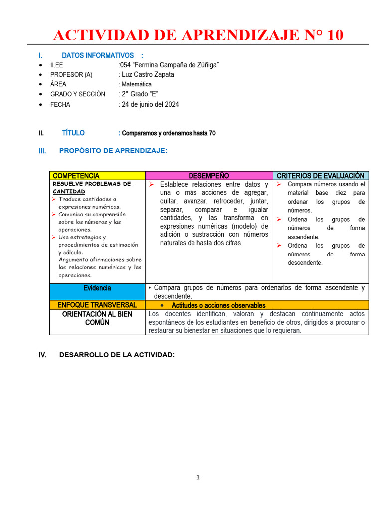 Sesion Comparamos y Ordenamos Hasta 70 | PDF | Aprendizaje | Cognición