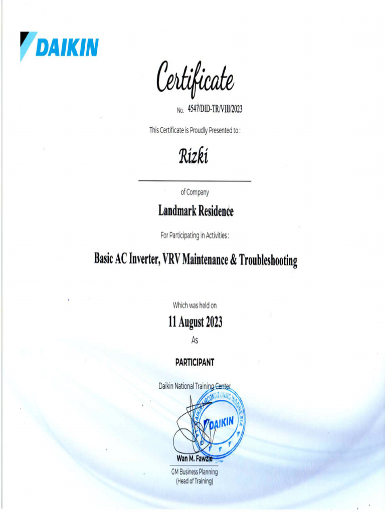 Sertifikat Daikin Rizki Fajar | PDF
