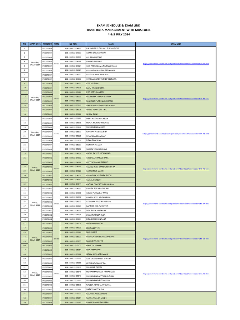 Exam Schedule & Link BDM Excel - 4 & 5 July 2024 | PDF