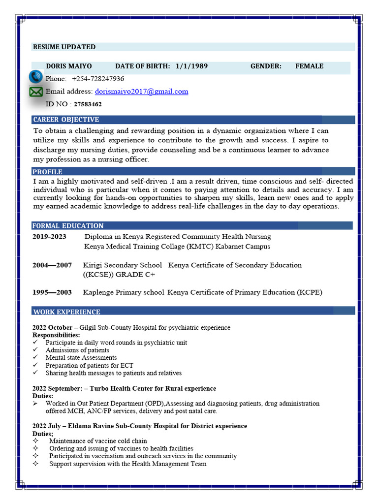 Resume Updated Doris Maiyo DATE OF BIRTH: 1/1/1989 Gender: Female | PDF ...