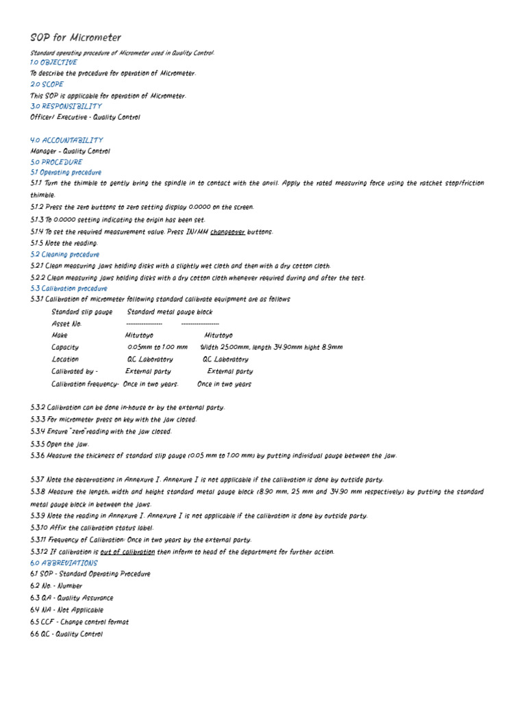 SOP for Micrometer _ Pharmaguideline | PDF | Calibration | Metrology