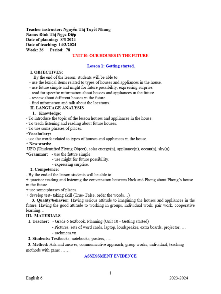 UNIT 10- LỚP 6 GETTING STARTED | PDF | English Language | Vocabulary