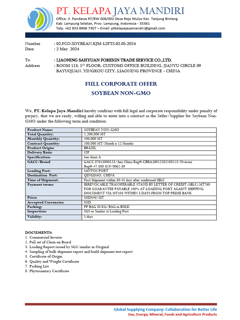 FCO Soybean | PDF | Letter Of Credit | Business