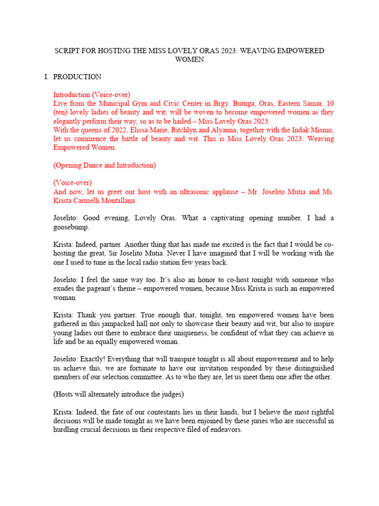 Script For Hosting The Miss Lovely Oras 2023 | PDF