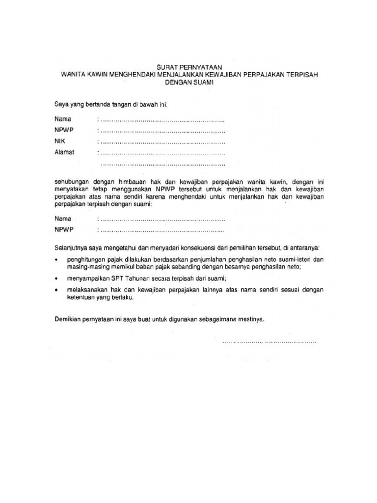 Surat Pernyataan Pisah NPWP | PDF