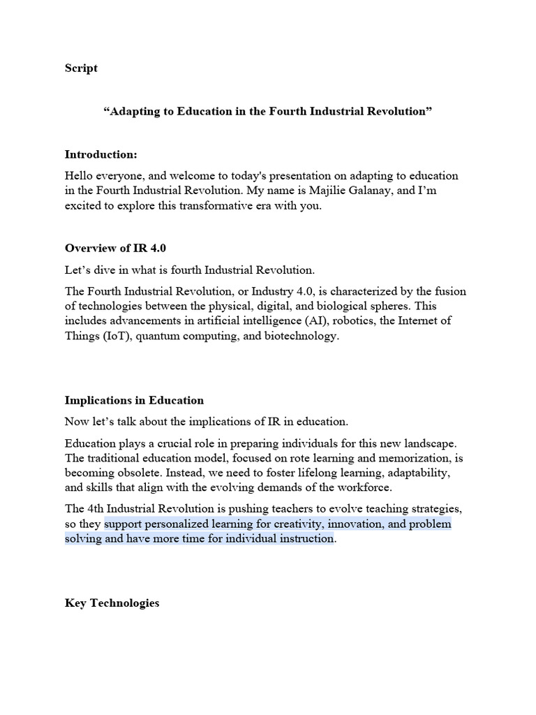 Video Presentation on Adapting to Education in the Fourth Industrial ...