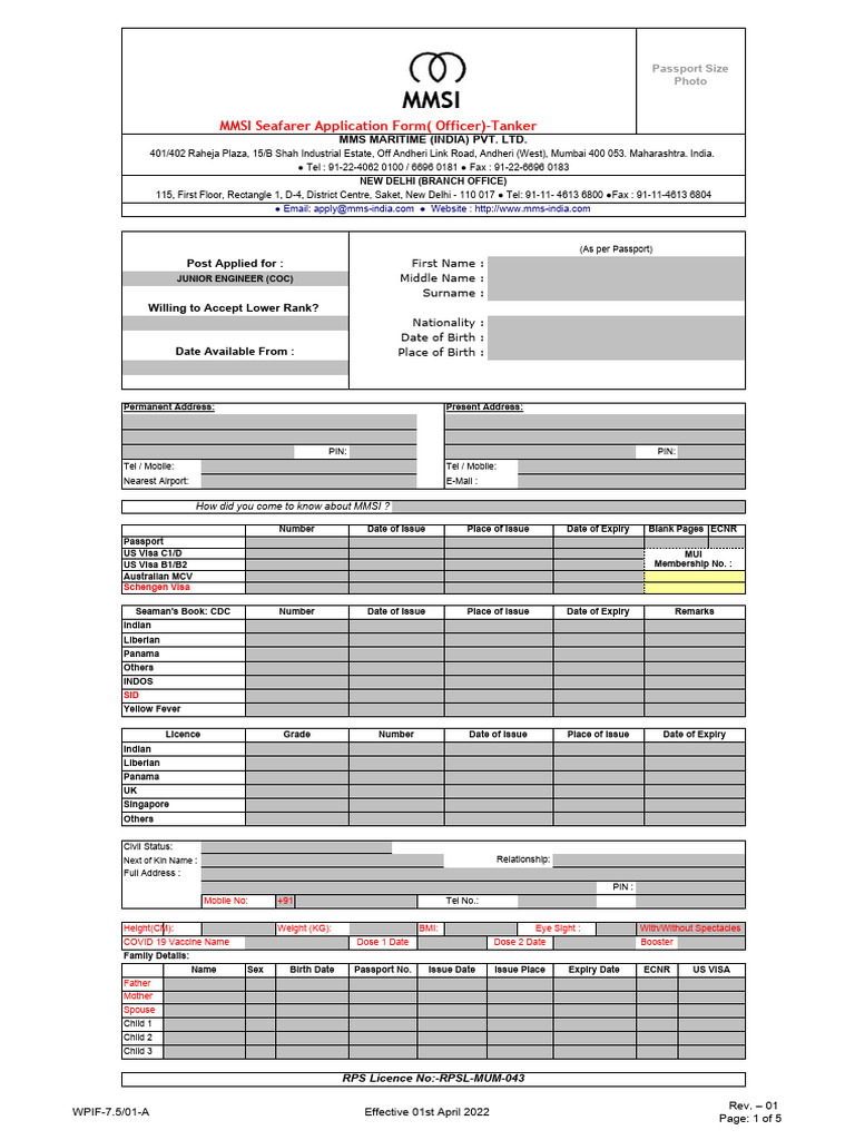 WPIF-7.5-01A MMSI Seafarer Application Form (Officer) - Tanker | PDF ...