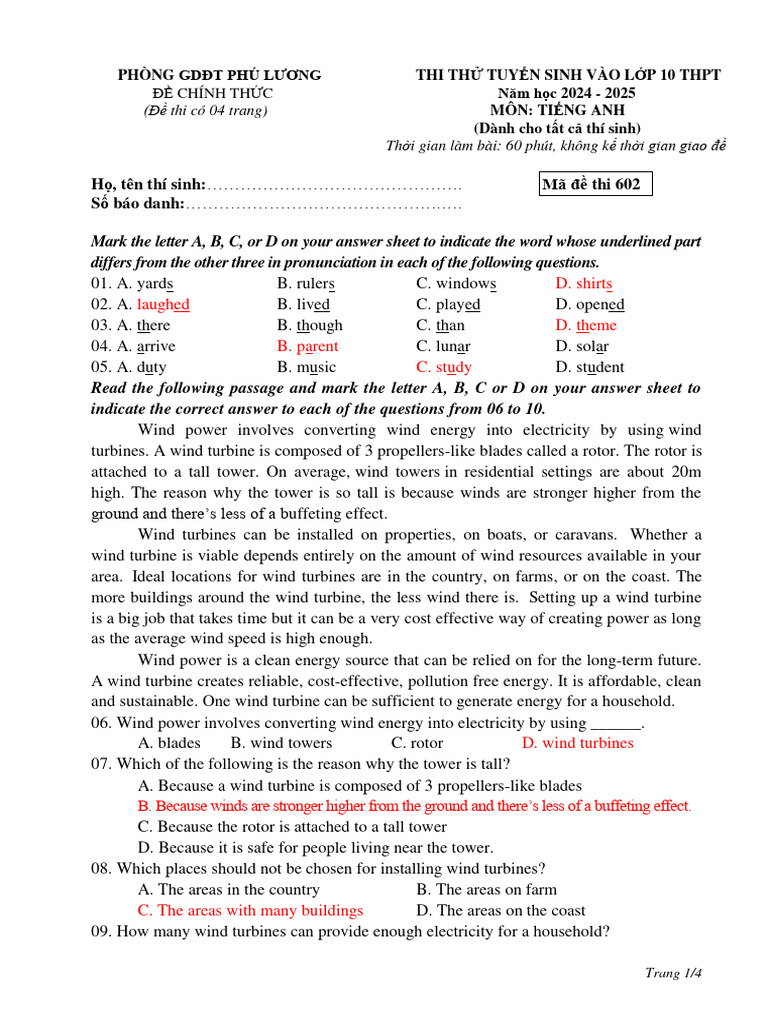 Đáp án đề TS 10 - Mã đề 602 - PHÒNG PHÚ LƯƠNG - 2024-2025 | PDF | Wind Power | Wind Turbine