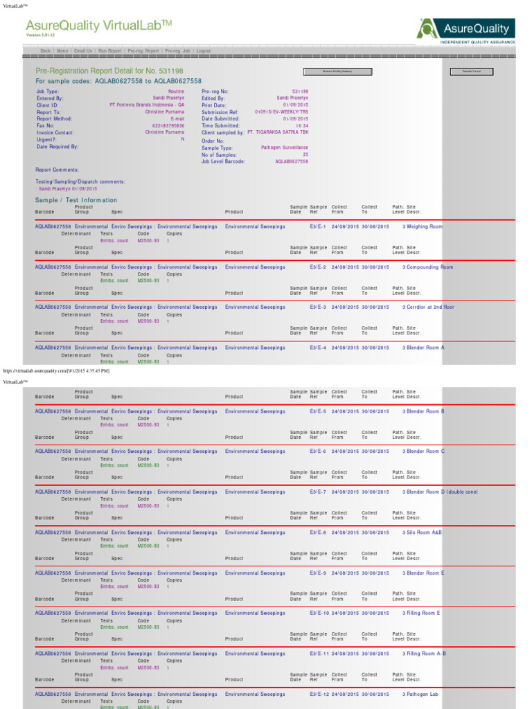 Pre-Registration Report Detail For No. 531198: For Sample Codes ...